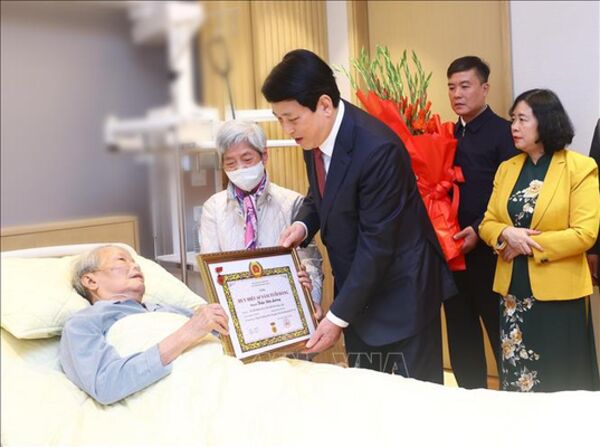 Nguyên Chủ tịch nước Trần Đức Lương nhận Huy hiệu 65 năm tuổi Đảng